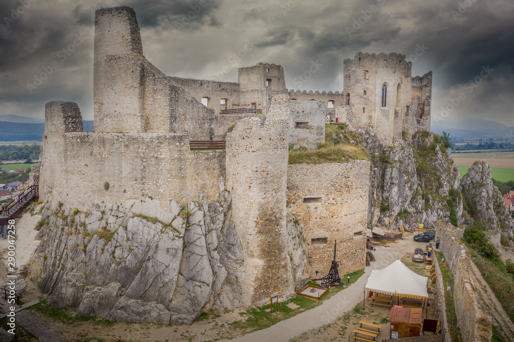 Aerial view of medieval Beckov castle with inner and outer courtyard ...