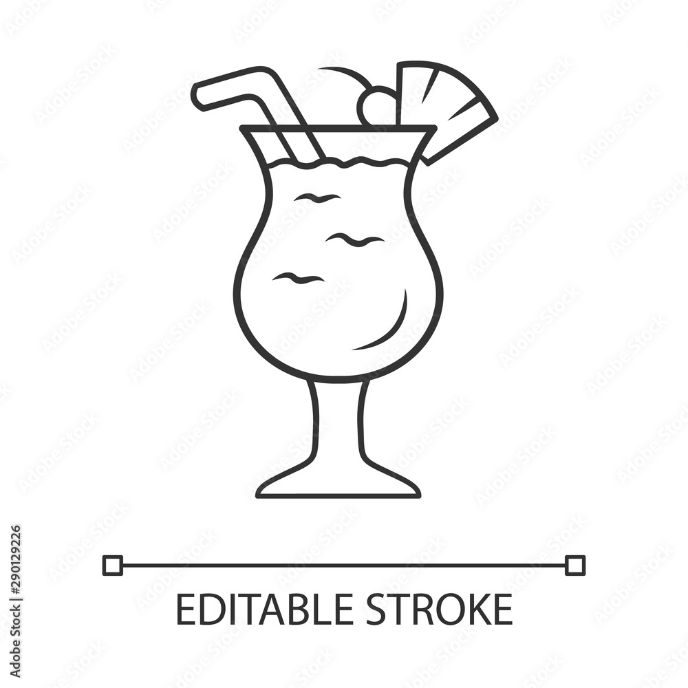 Pina colada linear icon. Footed glass with drink, slice of fruit and ...