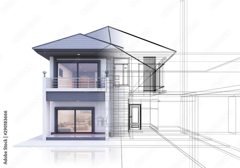 3D illustration, architecture, house blended with line drawings ...