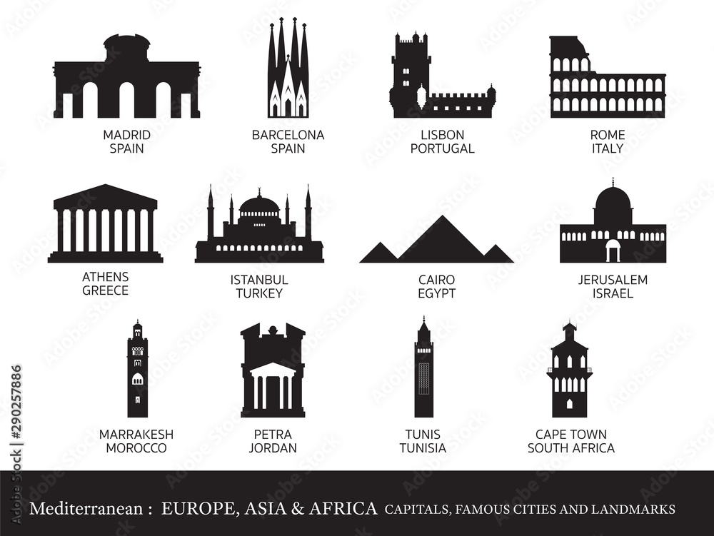 Mediterranean Europe, Africa, Asia Cities Landmarks Silhouette Stock ...