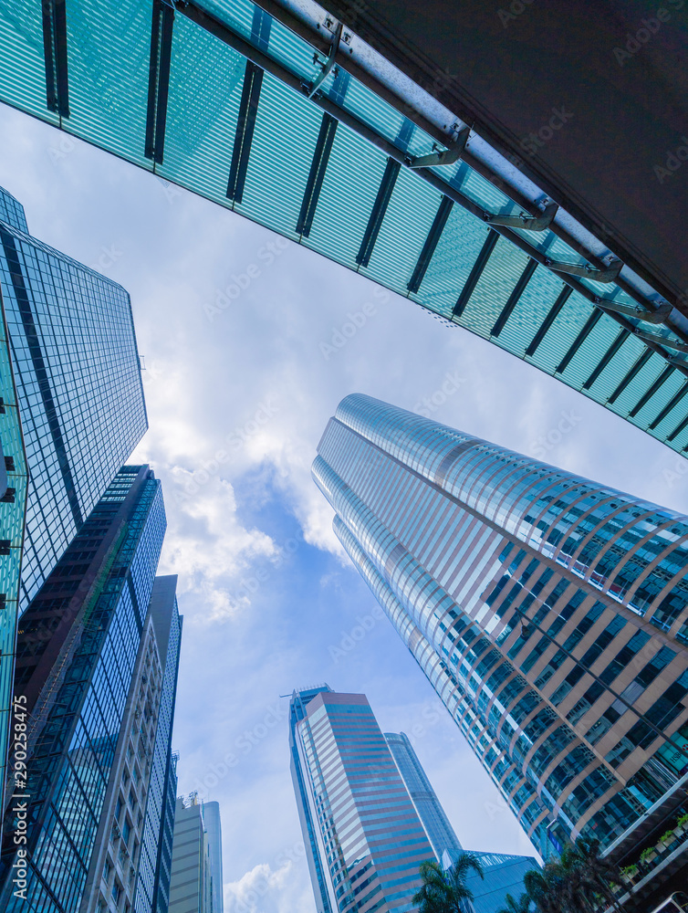 Looking up to high-rise office buildings, skyscrapers, architectures in ...