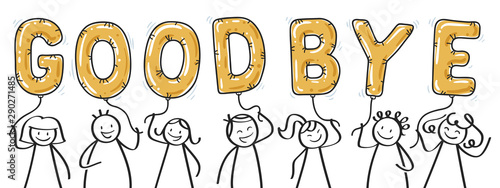 GOODBYE smiling stick figures holding golden balloon letters – kaufen ...