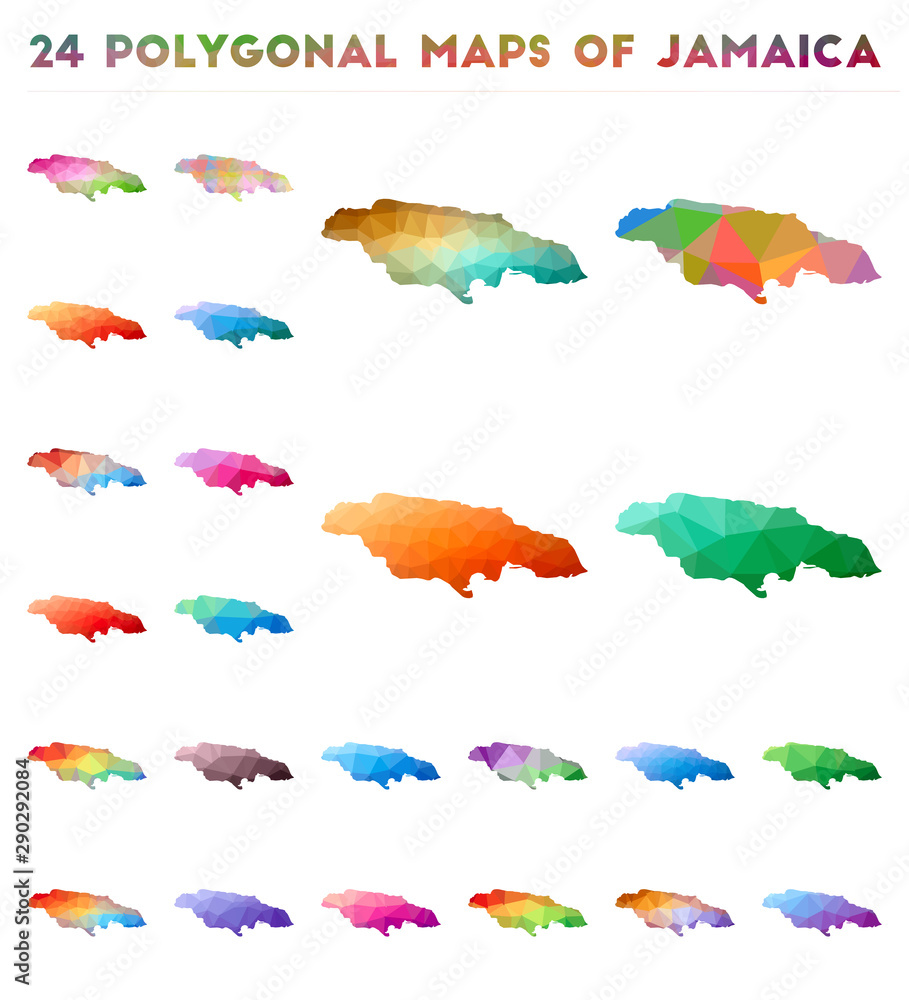 Set of vector polygonal maps of Jamaica. Bright gradient map of country ...