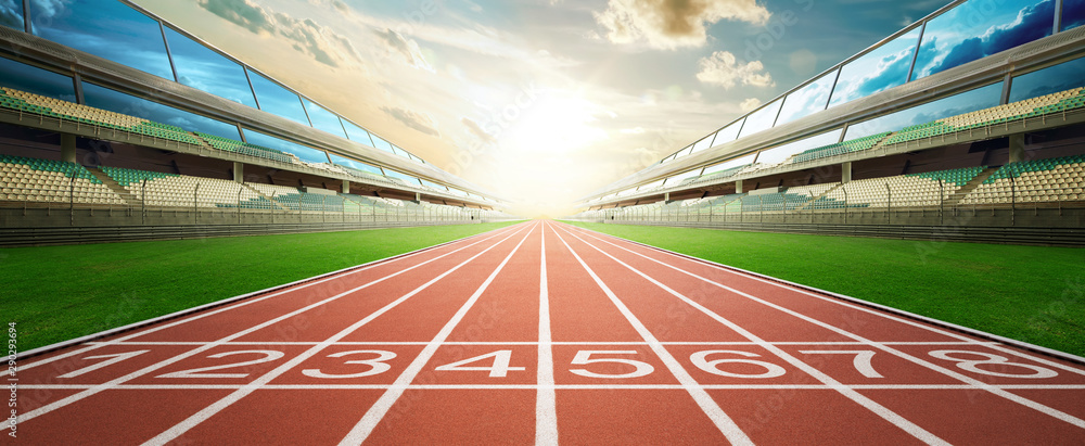 View of the infinity empty athlete running track and modern grandstand ...