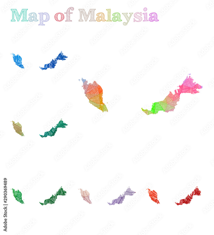 Hand-drawn map of Malaysia. Colorful country shape. Sketchy Malaysia ...