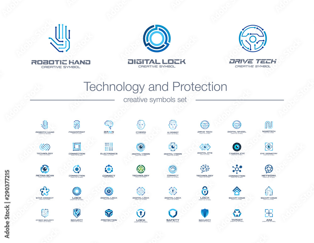 Digital technology and protection creative symbols set. Security lock ...