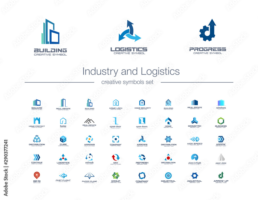 Industry and Logistics creative symbols set. Construction ...