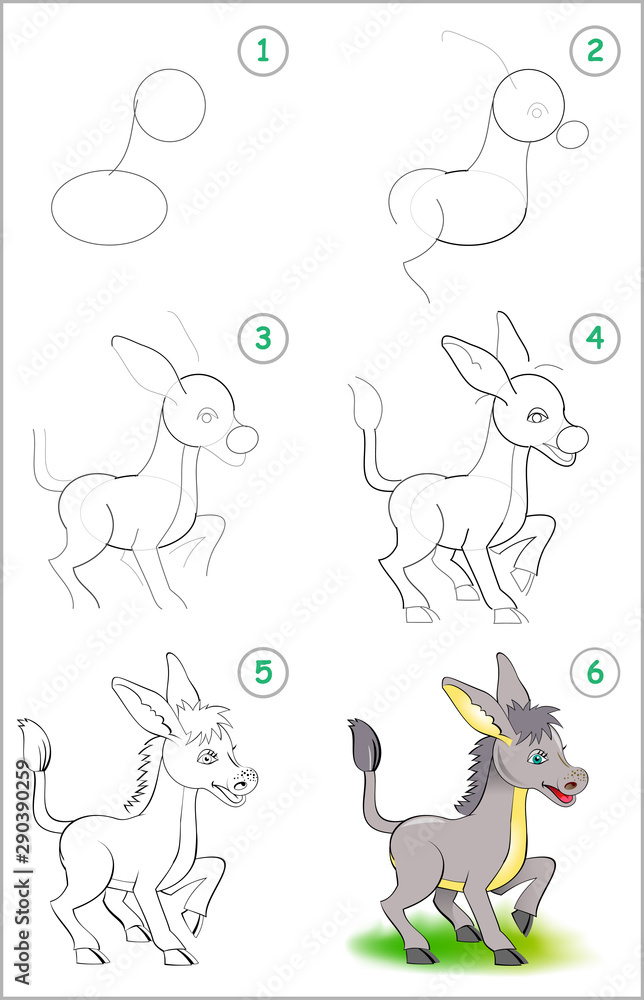 How to draw step by step a cute little donkey. Educational page for ...