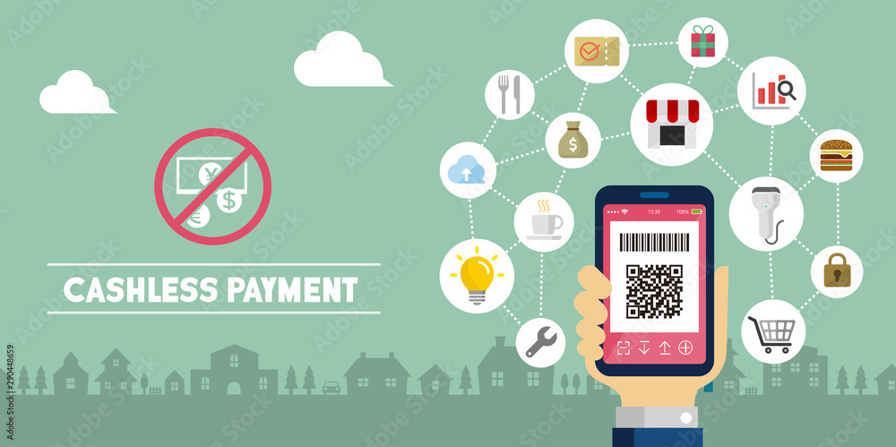 Cashless payment ( QR code payment, smartphone payment) vector banner ...