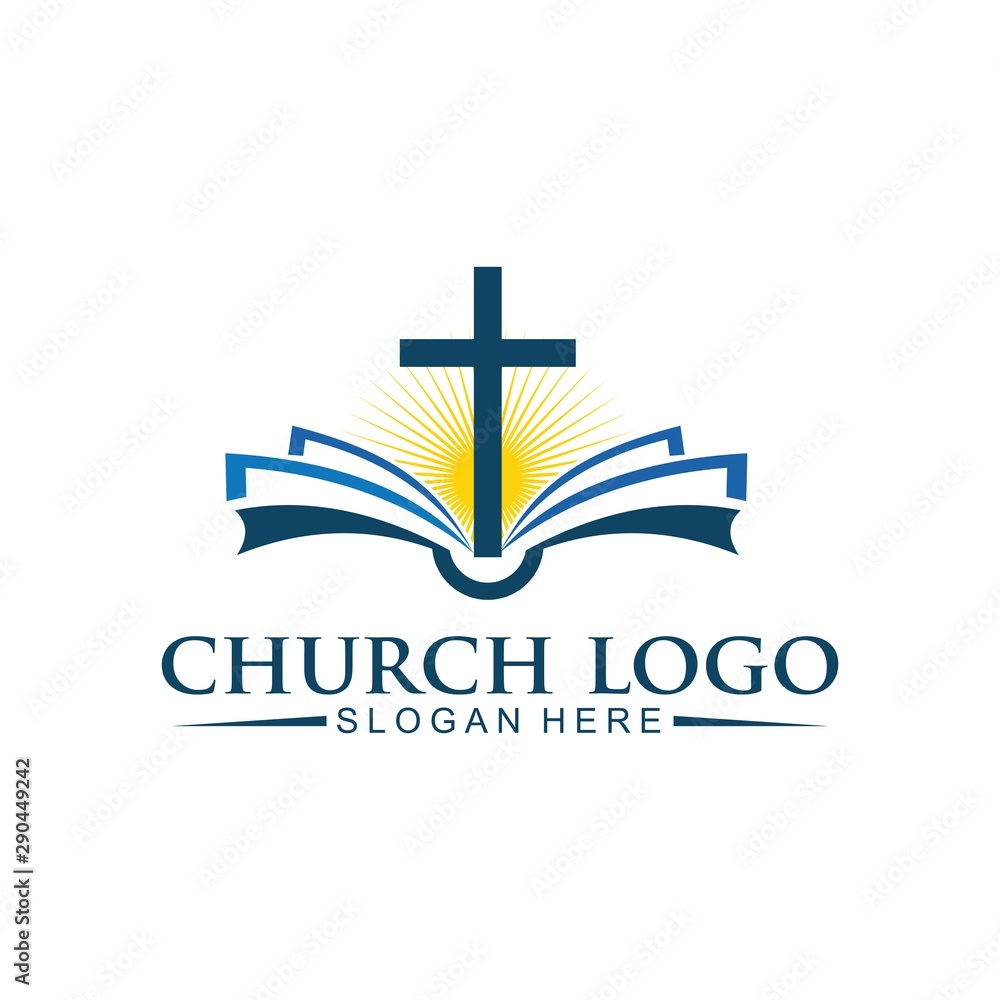 church christian logo, bible with sun and cross, vector icon design ...