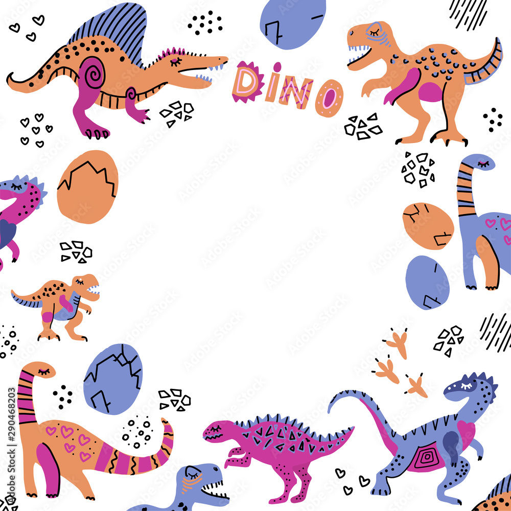 Cute dinosaurs hand drawn color illustration with round free space for ...