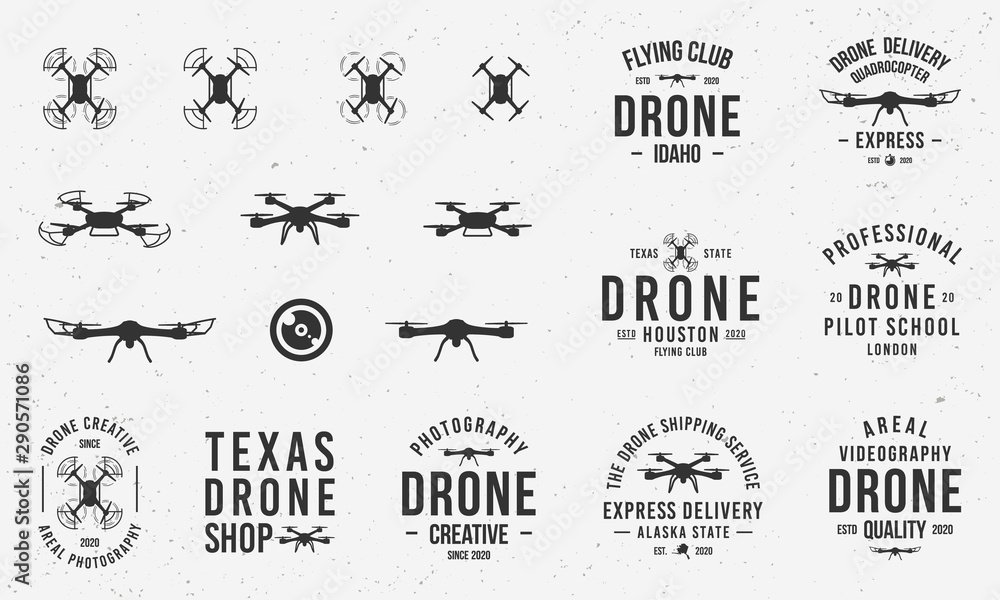 Collection of Drone logos, emblems, labels, badges. Set of 9 logo ...