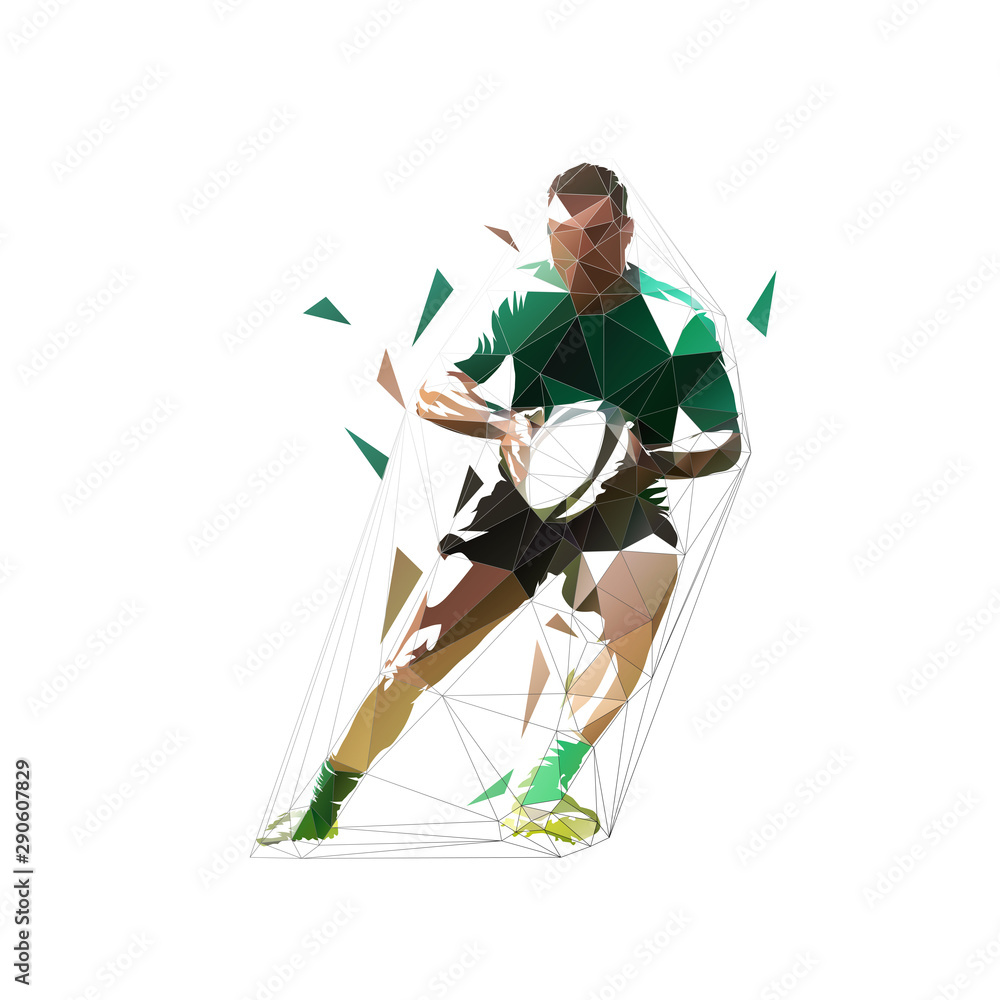 Rugby player running with ball in hands, front view. Isolated low ...