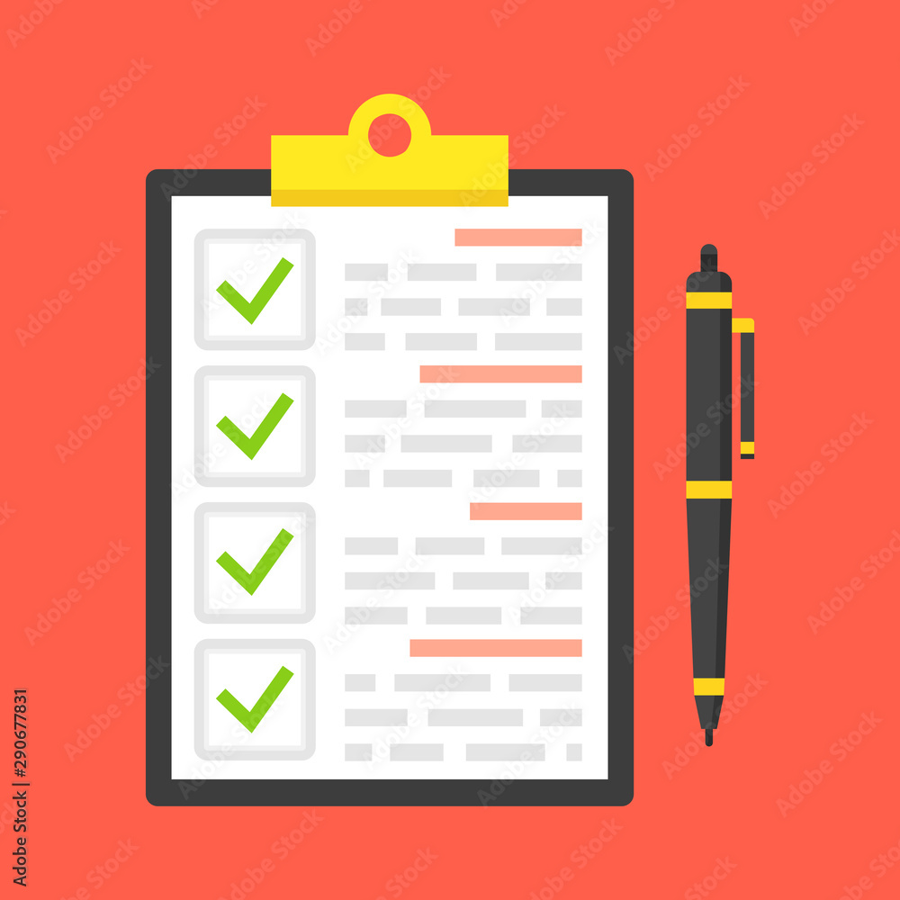 Clipboard with green ticks checkmarks and black pen. Vector ...