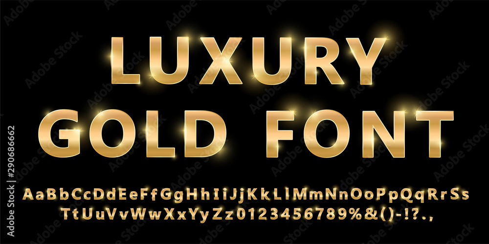 Shiny modern gold font isolated on black background. Vintage golden ...
