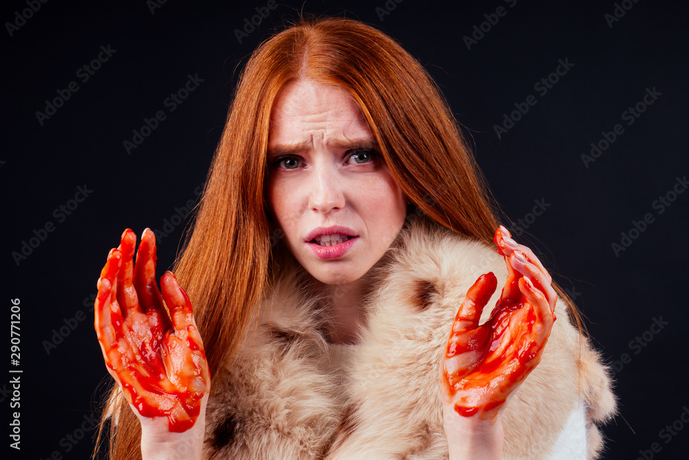 Stock-Foto „sad redhaired ginger fashion victim woman with blood on her ...