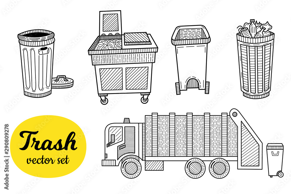 Collection of trash elements. World ecology problem concept. Hand drawn ...