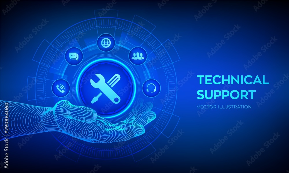 Technical support in robotic hand. Customer help. Tech support ...