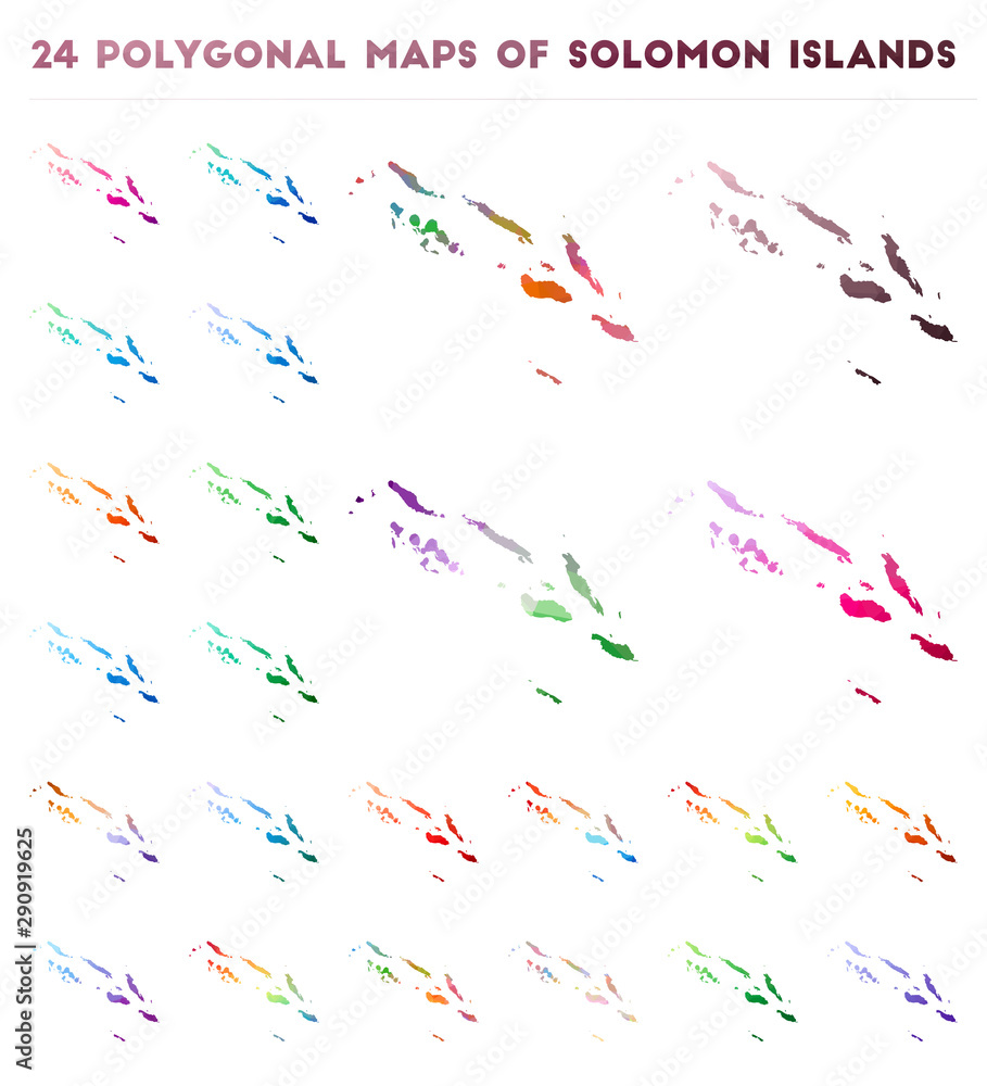 Set of vector polygonal maps of Solomon Islands. Bright gradient map of country in low poly ...