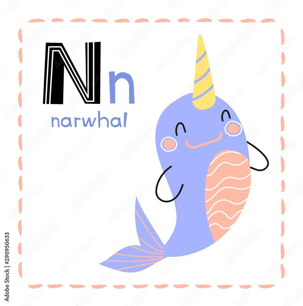 Alphabet letter N for Narwhal for teaching kids to read and spell with ...