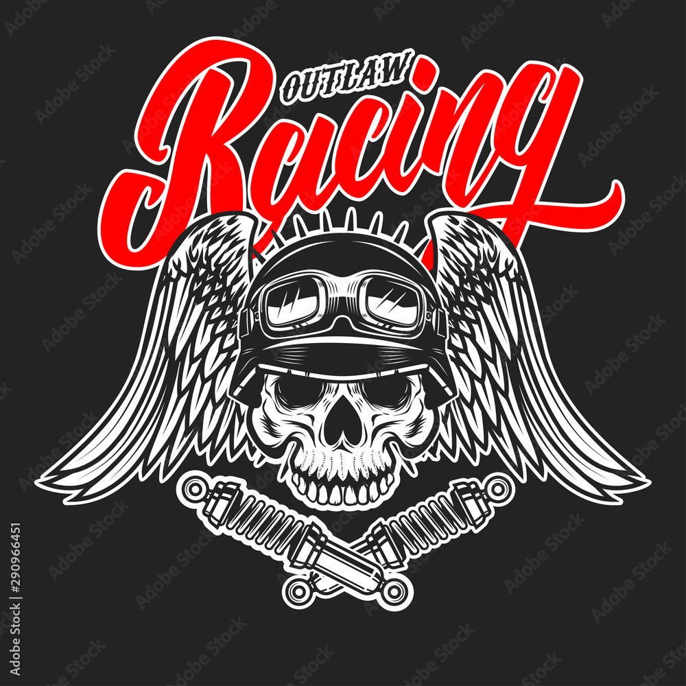Outlaw racing. Emblem template with skull in racer helmet. Design ...