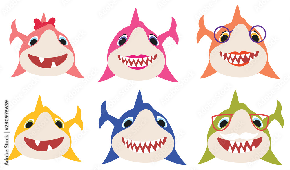 Set of cartoon shark family. Collection of stylized sharks for children ...