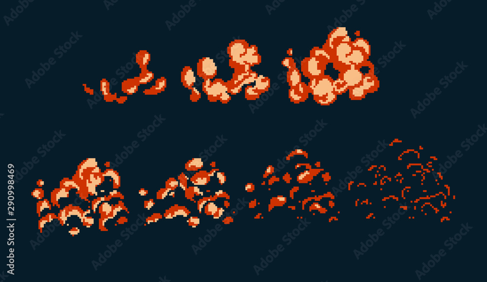 Pixel art cloud of smoke. Game icons set. Comic boom flame effects for ...