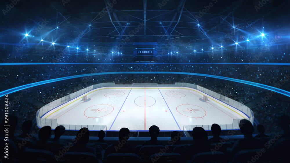 Ice hockey stadium with spotlights and crowd of fans, upper side view ...