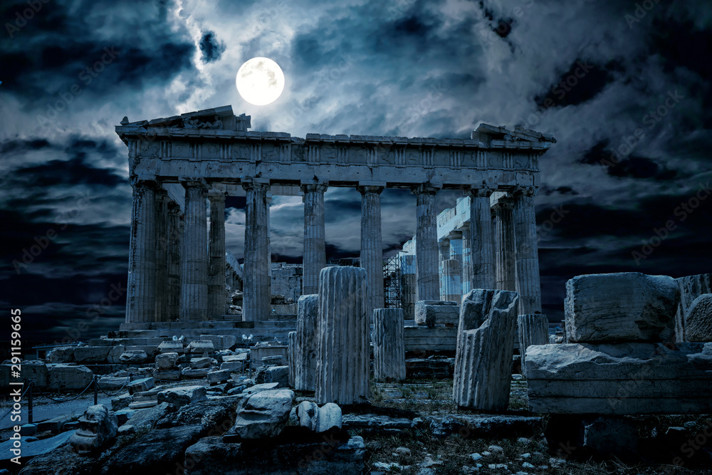 Ancient Greek ruins in full moon, Athens at night, Greece. Fantasy view ...