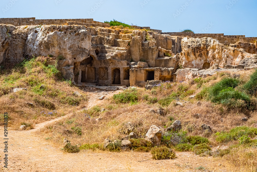 Island of Cyprus. Ancient ruins in Paphos city. Carved in stone tombs ...