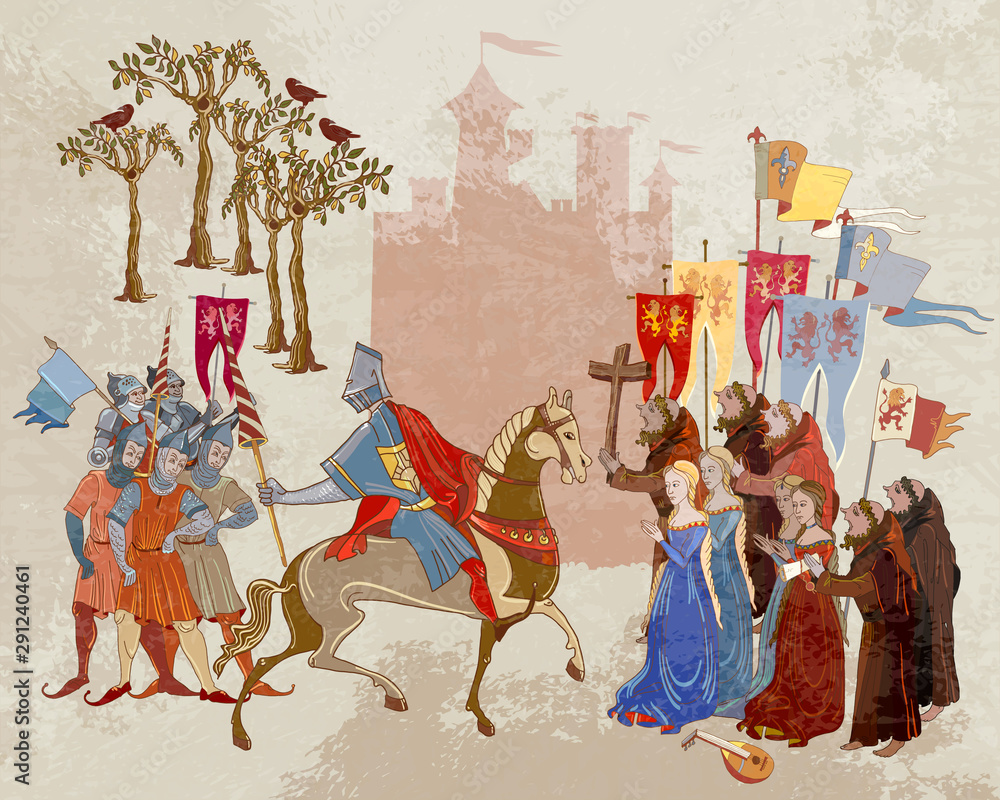 Medieval battle scene. Crusaders warriors and soldiers go to war ...