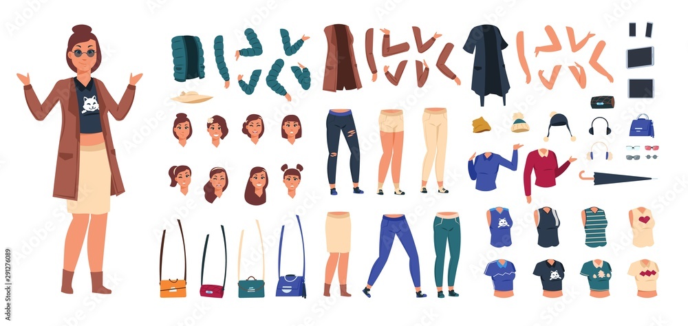 Cartoon character constructor. Woman in casual clothes animation set ...