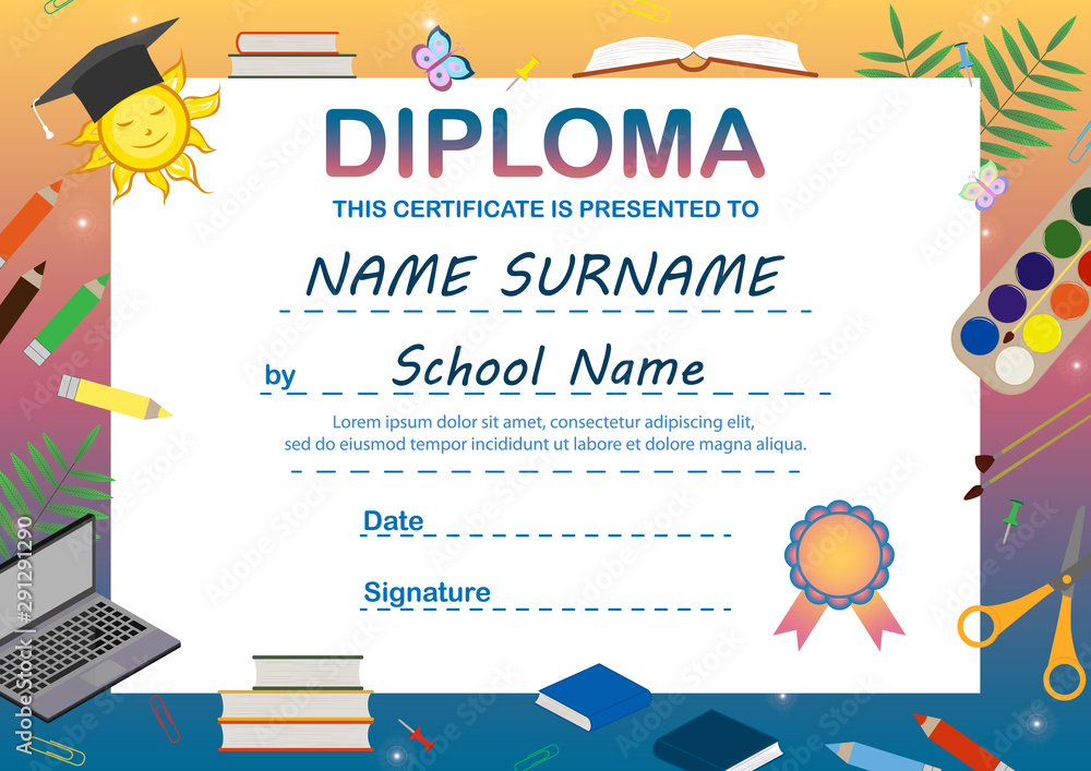 Colorful template of diploma, certificate for children. Educational ...