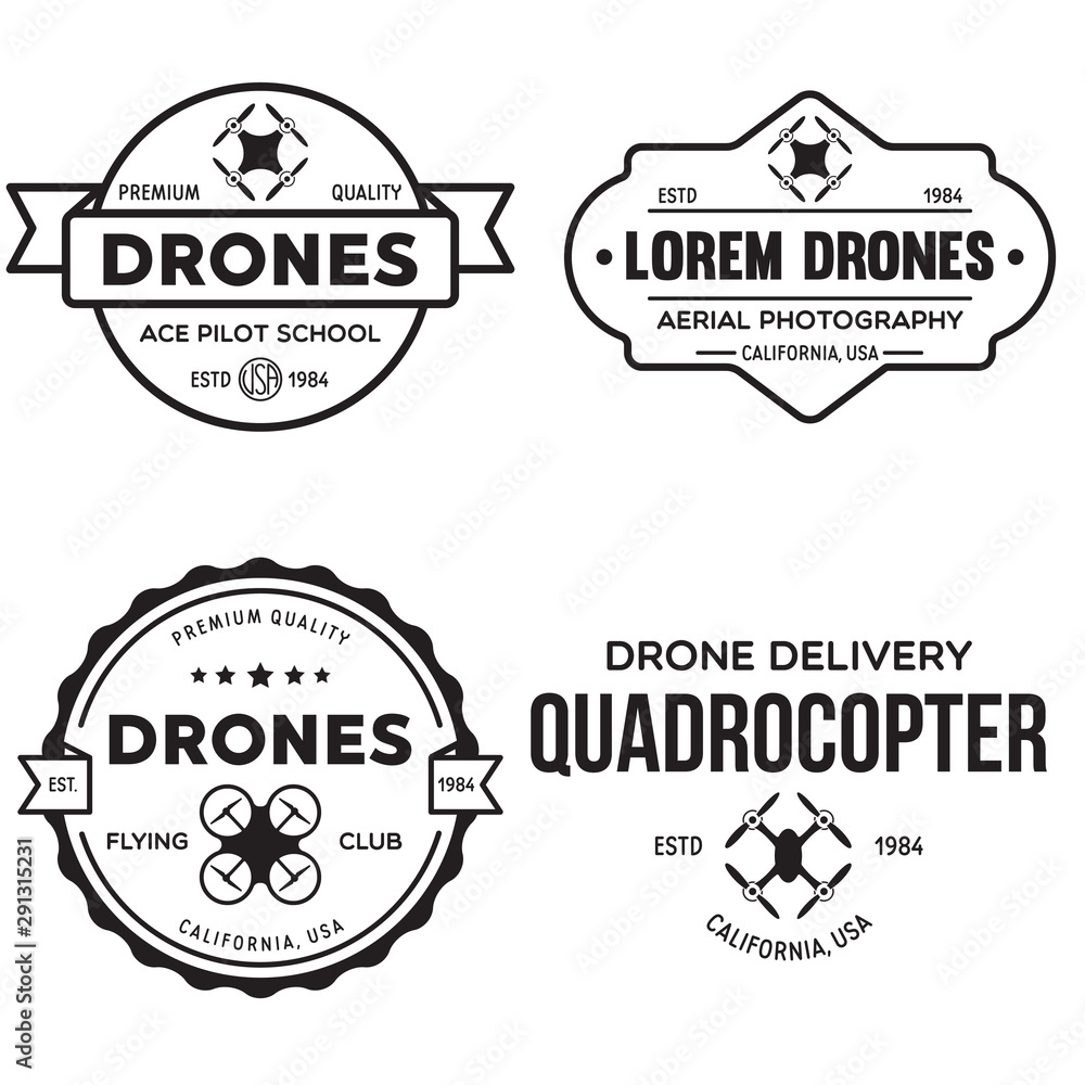 Set of drone logos, badges, emblems and design elements. Quadrocopter ...