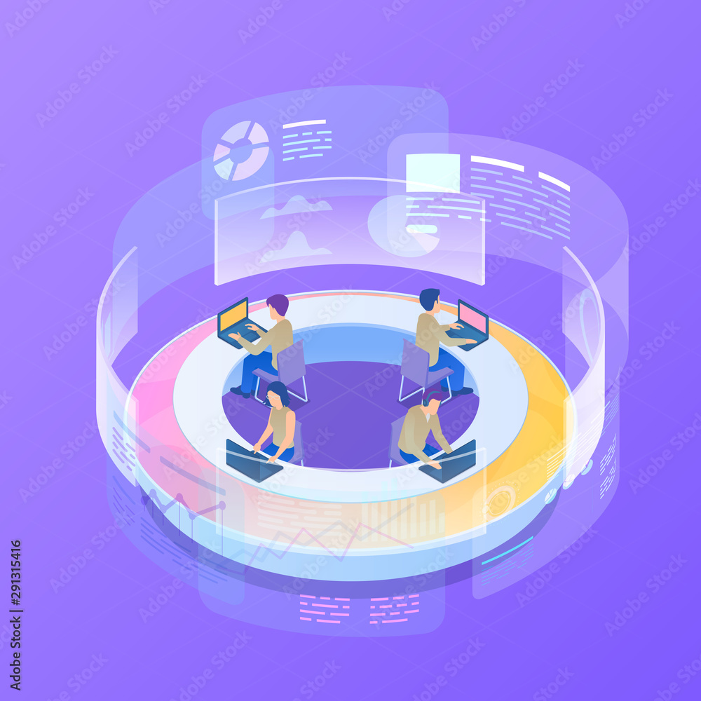 Стоковое векторное изображение «Isometric Teamwork data analytics management, artificial ...