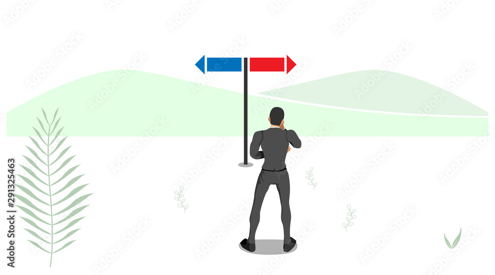 Confused character poses determine the direction of destination. right ...