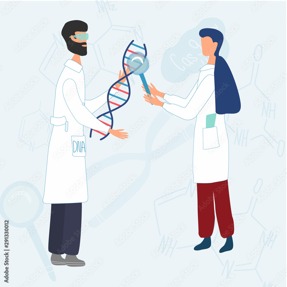 Scientists exploring DNA structure. Background with chromosomes ...