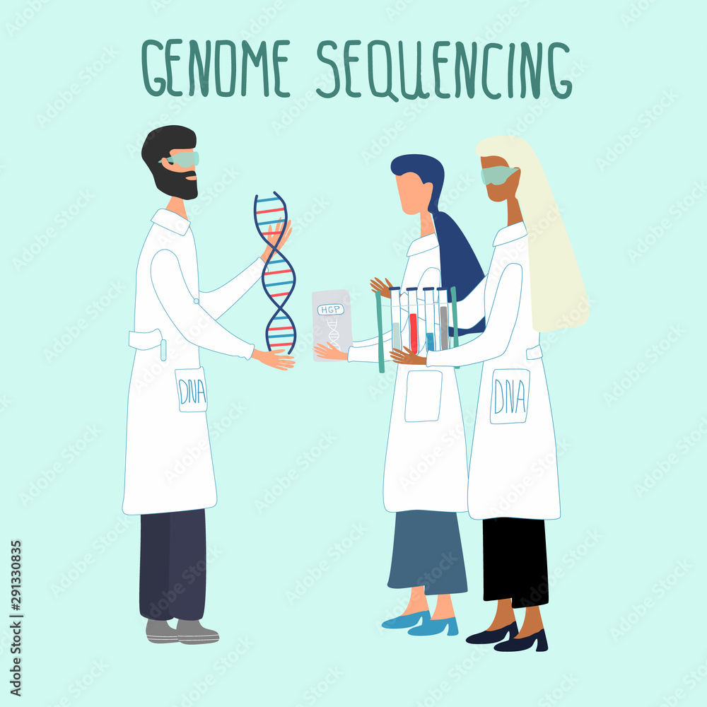 Scientists exploring DNA structure by Human genome project. Genetic ...