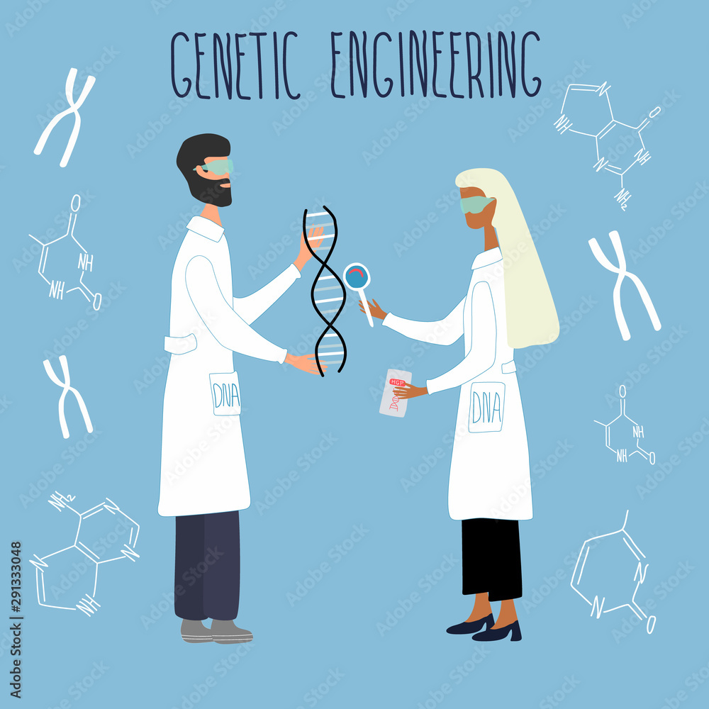 Scientists exploring DNA structure, chromosomes, nucleotides, test ...