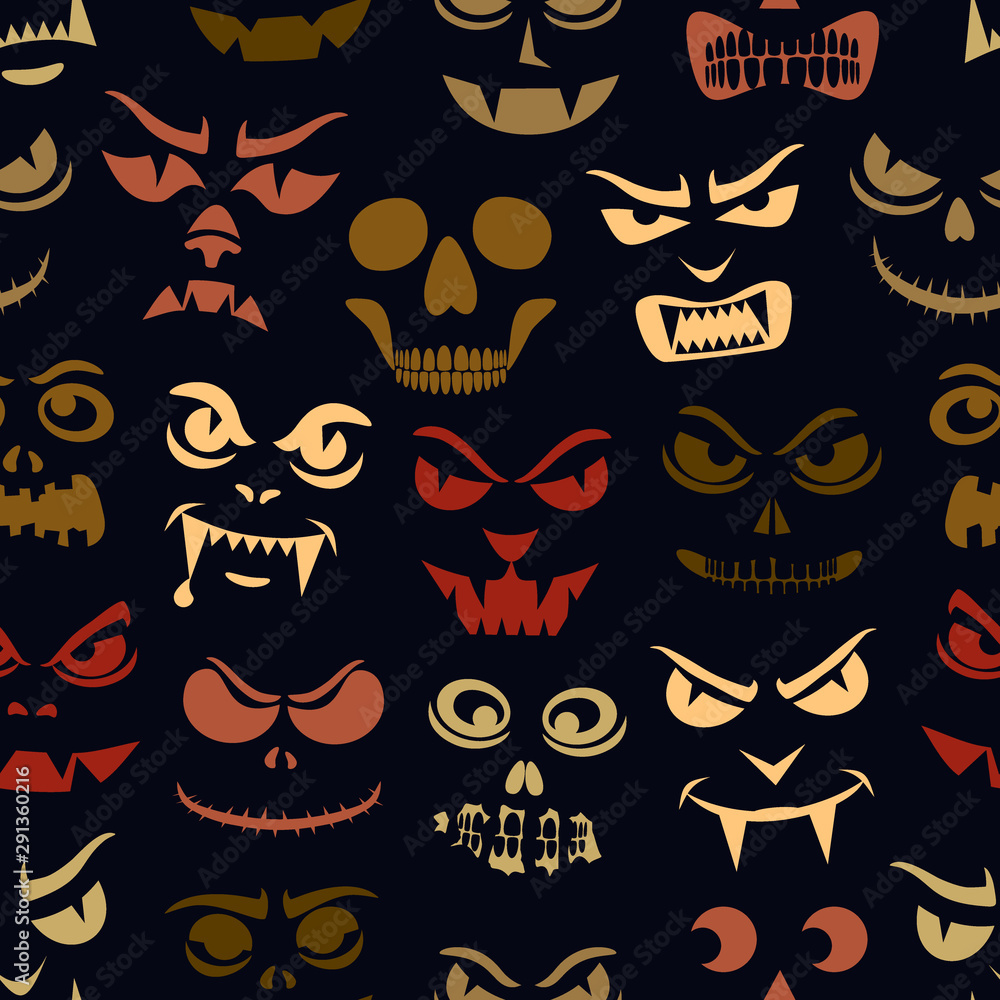 Funny monsters seamless pattern. Halloween pumpkins carved faces ...