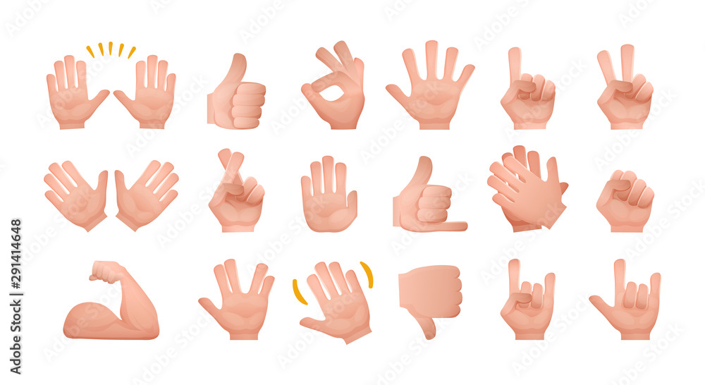 Big set of gestures of human hands, emoji hand sign, signals of people with signs, signs shown ...