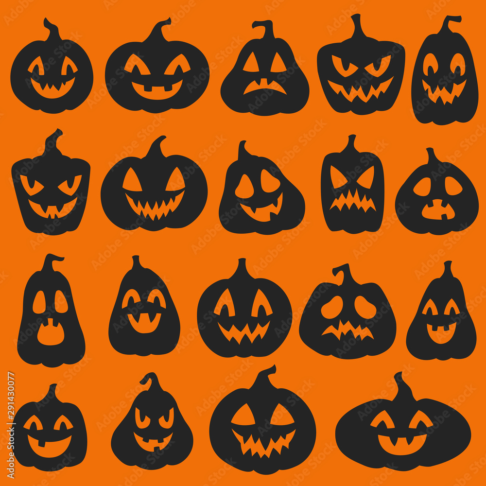 Pumpkin silhouettes. Halloween pumpkins emoticon characters. Happy, sad ...