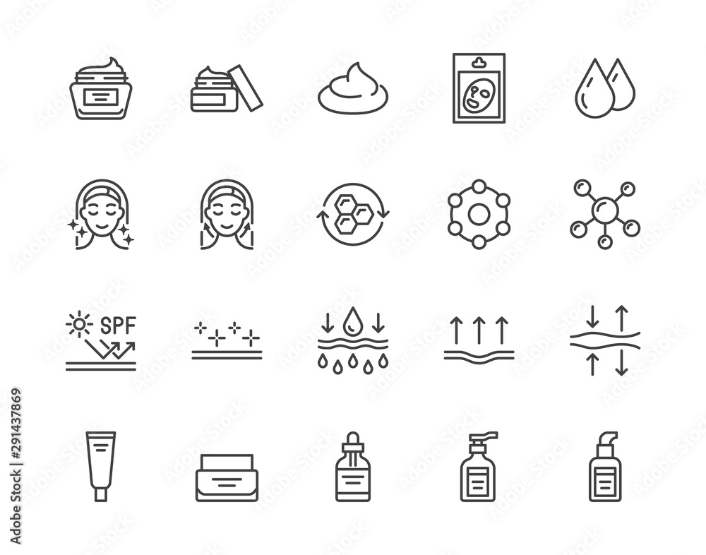 Skin care flat line icons set. Moisturizing cream, anti age lifting ...