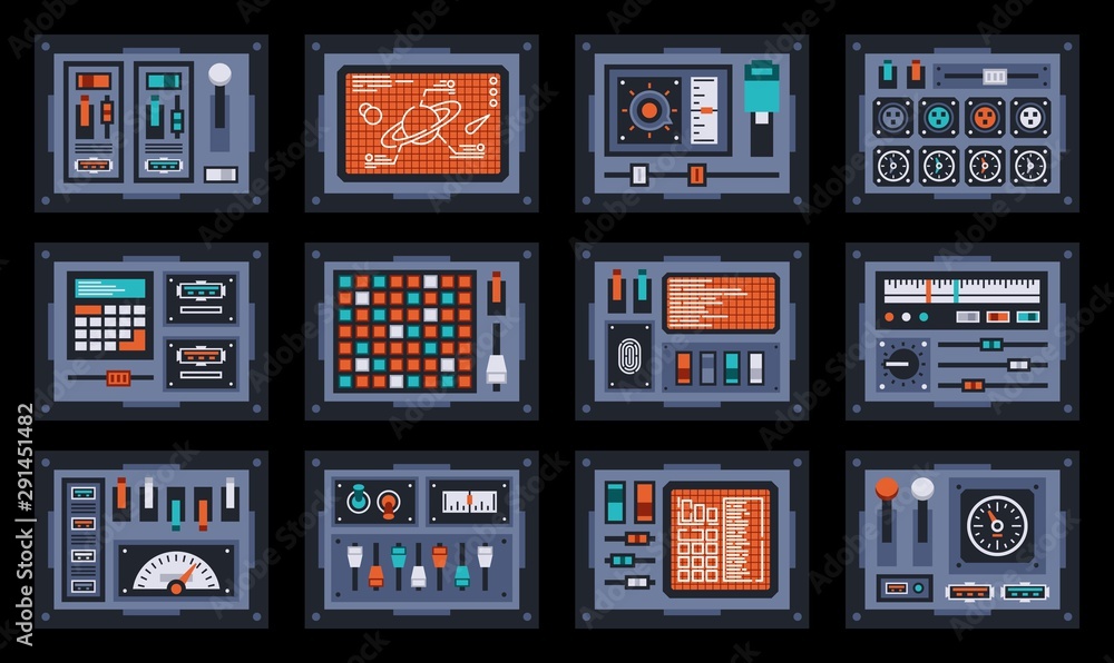 Control panels from space ship or science station. Dashboard console of ...