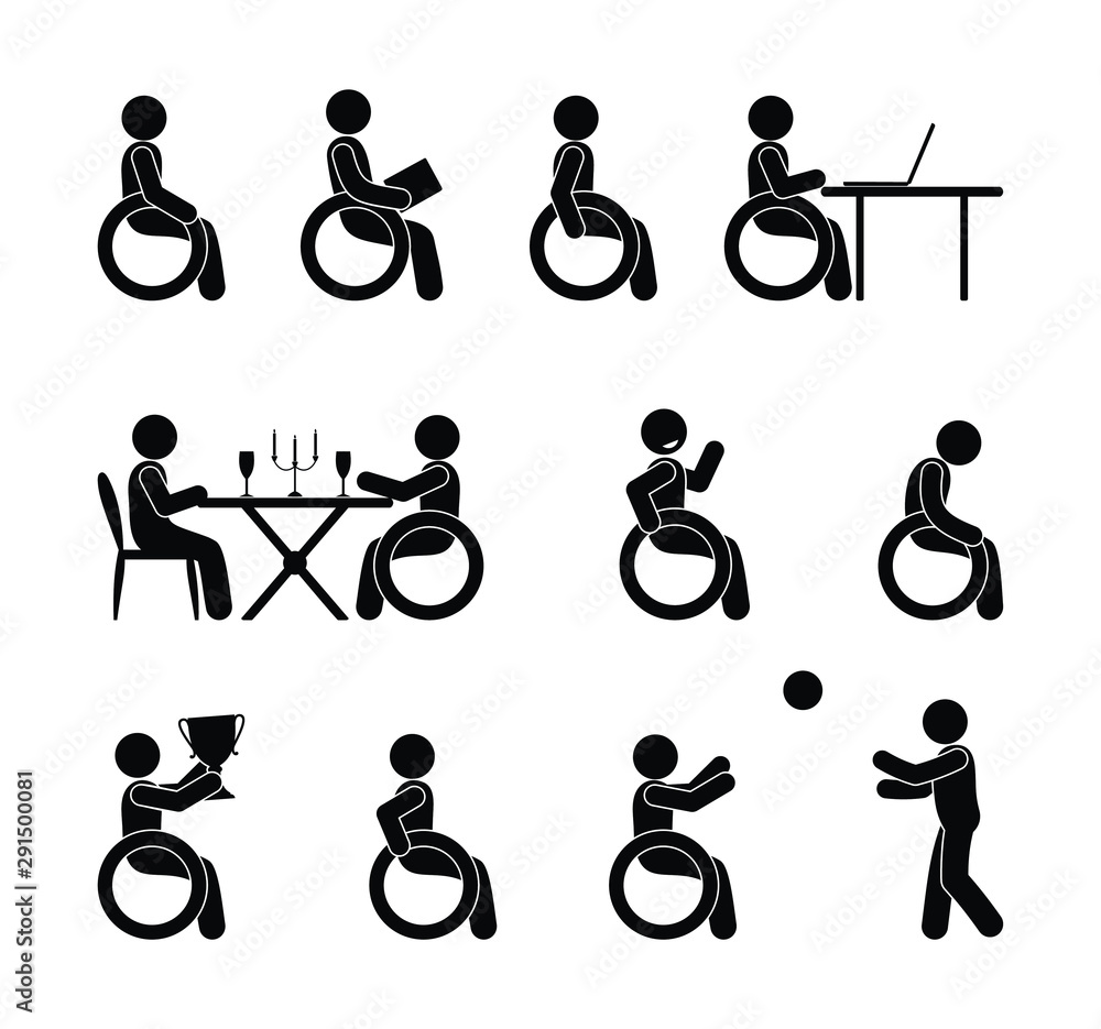 Disabled person icon. Various gestures and postures, stick figure ...