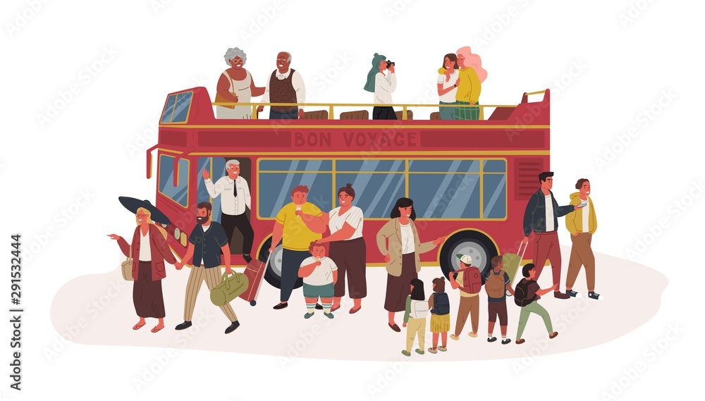 Group of tourists flat vector illustration. Kids, youth and seniors in ...