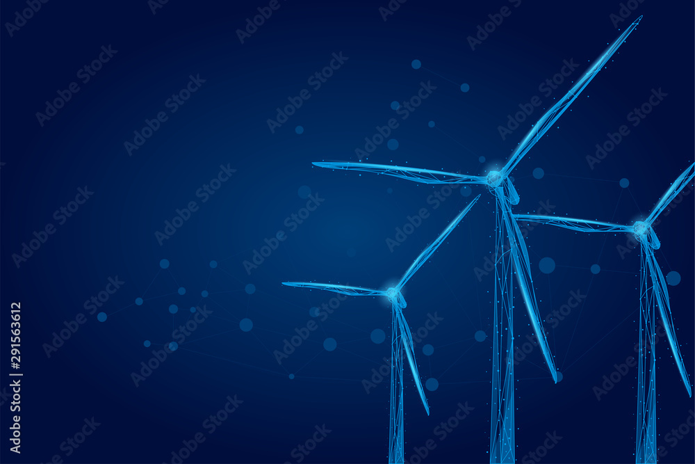Three wind mills consisting of points, lines, and shapes. Wind turbines ...