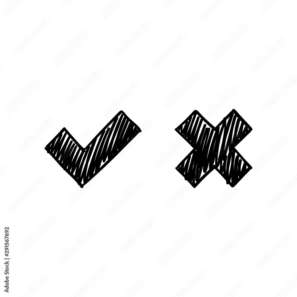 Tick and cross, checkmark doodle icons. Approved and rejected symbols ...