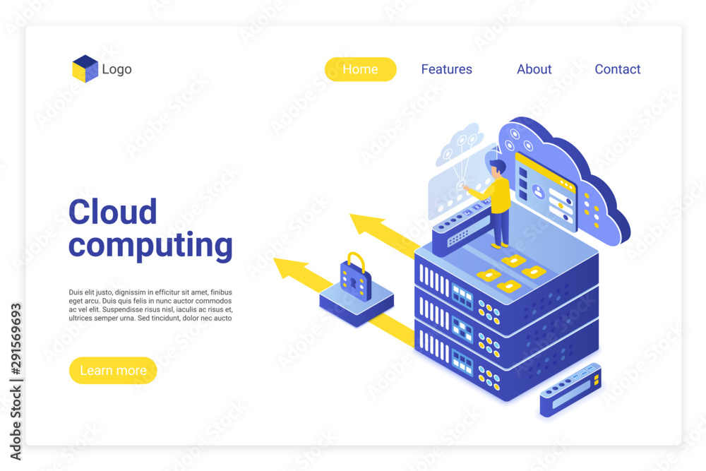 Cloud computing isometric vector landing page template. Computer hardware, Internet server ...
