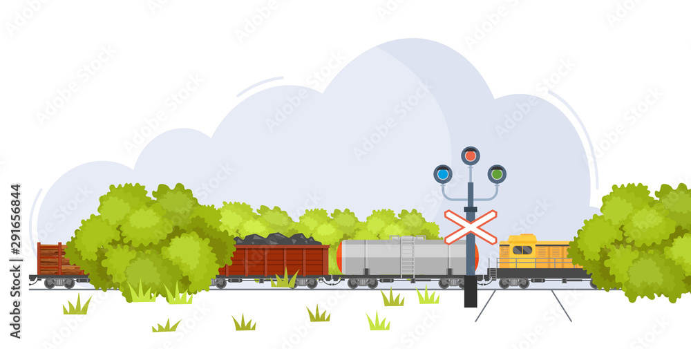 Freight train with wagons, tanks, freight, cisterns. Railway locomotive ...